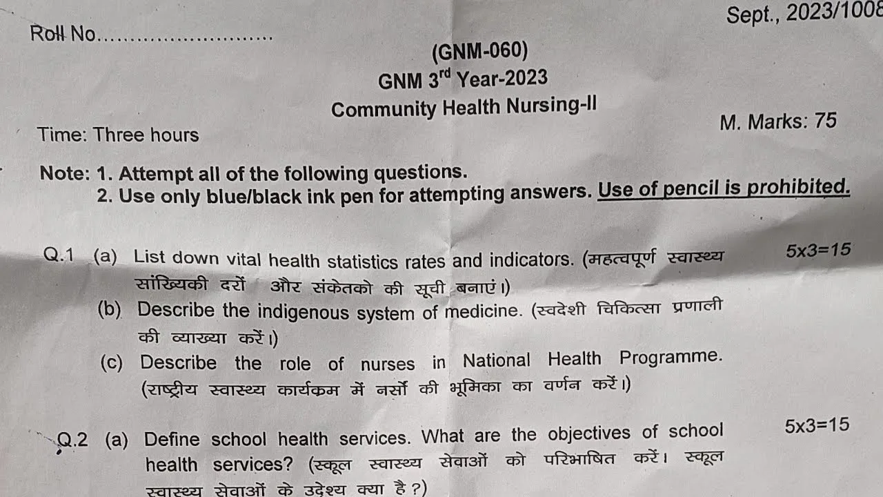 GNM Nursing Question Paper 3rd Year PDF Download